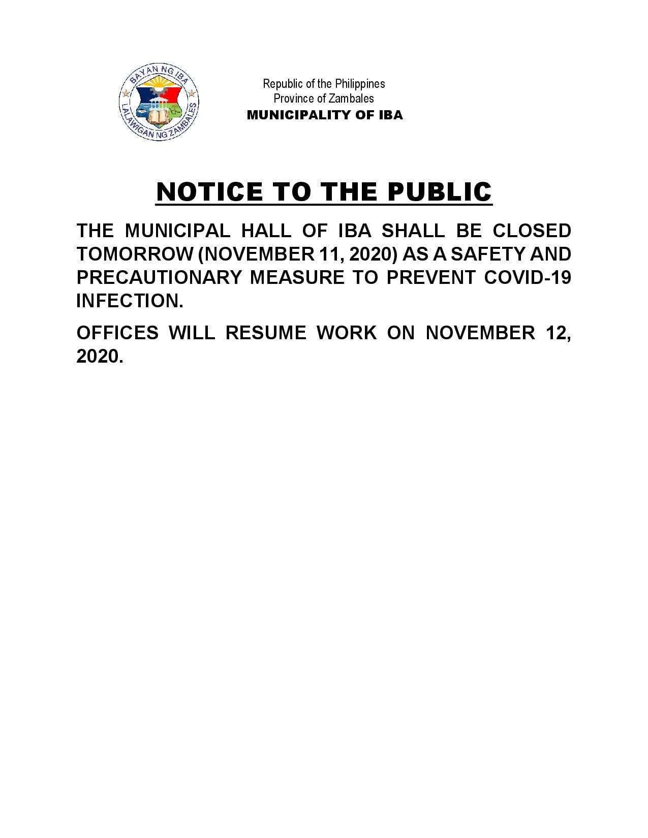 PABATID SA PUBLIKO! ANG MUNISIPYO NG IBA AY SARADO PO BUKAS, MIYERKULES ... PABATID SA PUBLIKO! ANG MUNISIPYO NG IBA AY SARADO PO BUKAS, MIYERKULES ...